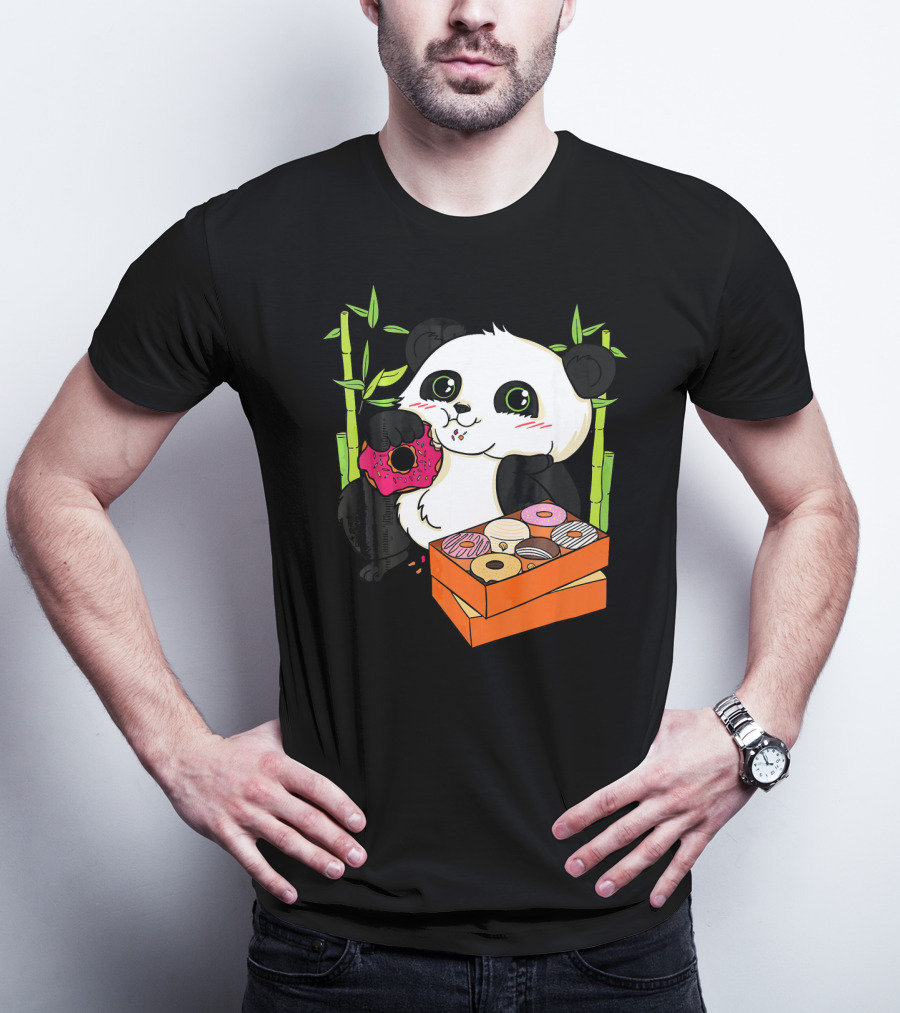 Panda Enjoying Box Of Colorful Donuts With Bamboo Background T-Shirt
