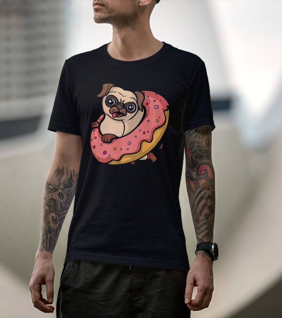 Pug Dog With Pink Frosted Donut Lover T-Shirt