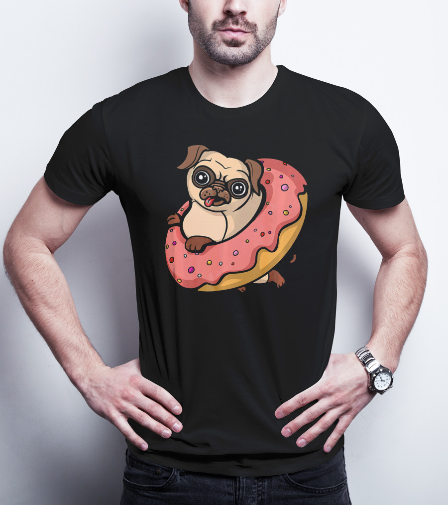 Pug Dog With Pink Frosted Donut Lover T-Shirt