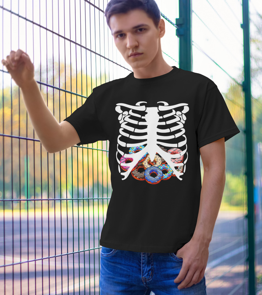 Halloween Skeleton Ribcage With Colorful Donut Food T-Shirt