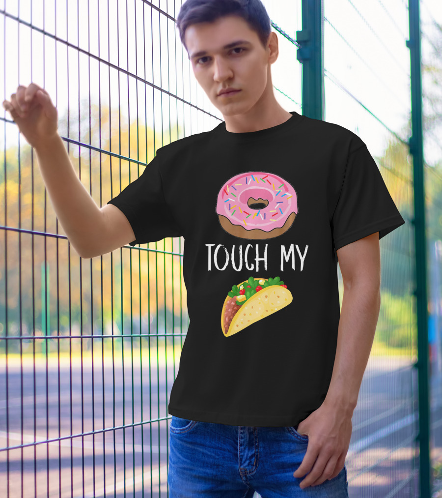 Donut Touch My Taco Tuesday Funny Pun With Pink Frosted Donut And Taco Icons T-Shirt