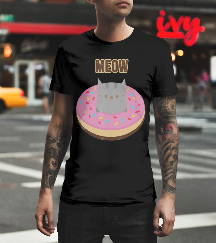 MEOW Adorable Cat Sitting In Colorful Donut T-Shirt