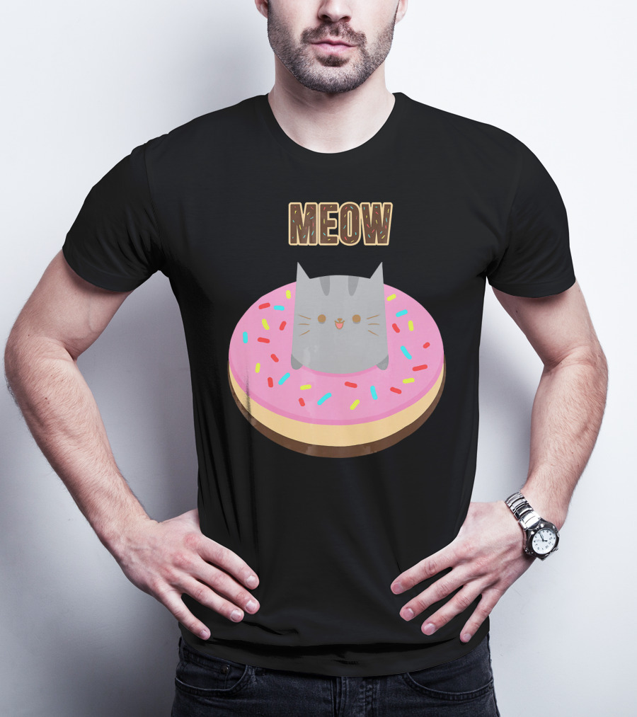MEOW Adorable Cat Sitting In Colorful Donut T-Shirt