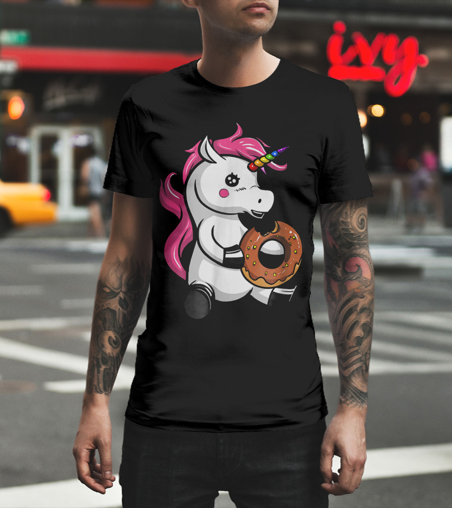 Magical Unicorn With Rainbow Horn Enjoying Chocolate Donut T-Shirt