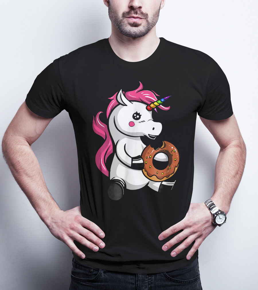Magical Unicorn With Rainbow Horn Enjoying Chocolate Donut T-Shirt
