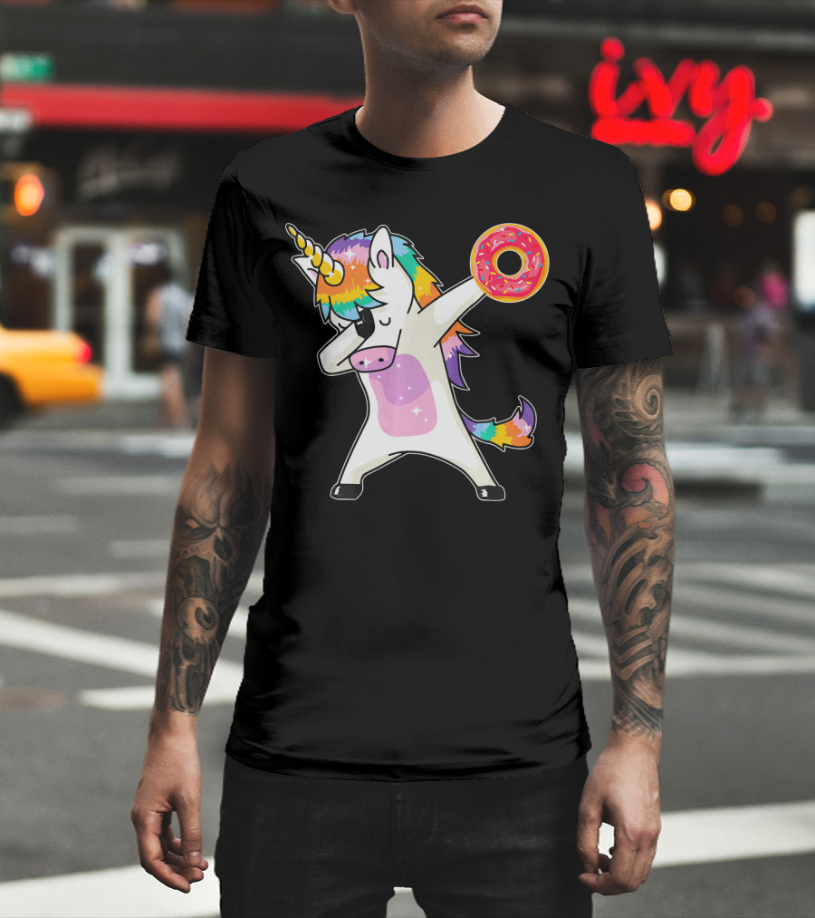 Cute Dabbing Rainbow Unicorn Holding Doughnut Donut T-Shirt