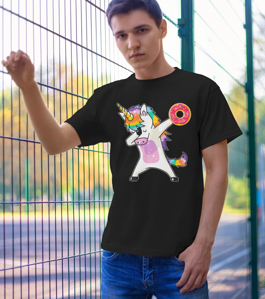Cute Dabbing Rainbow Unicorn Holding Doughnut Donut T-Shirt