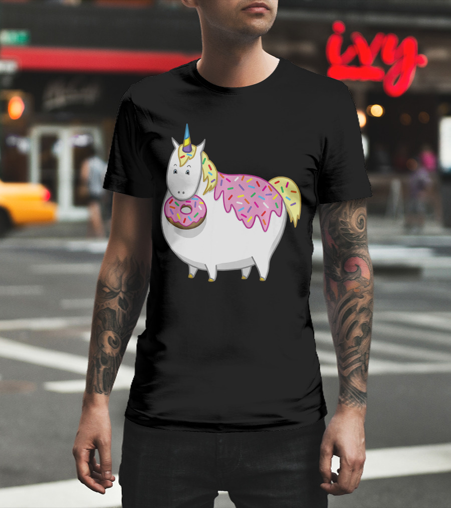 Funny Cute Fat Unicorn With Pink Frosting Doughnut T-Shirt