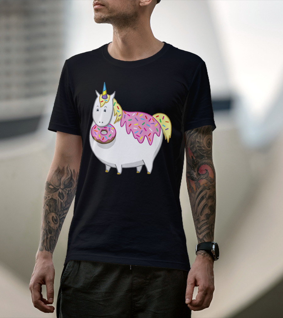 Funny Cute Fat Unicorn With Pink Frosting Doughnut T-Shirt