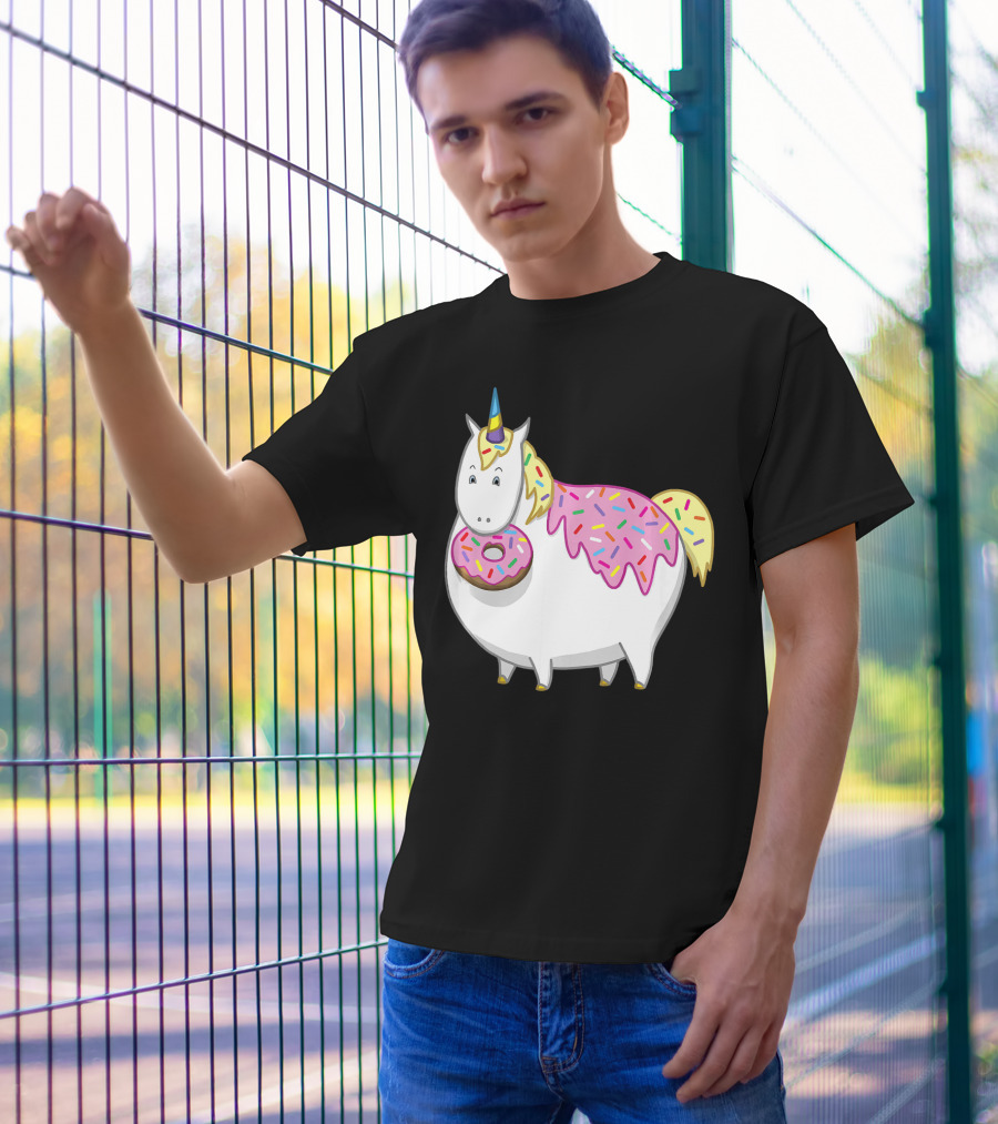 Funny Cute Fat Unicorn With Pink Frosting Doughnut T-Shirt