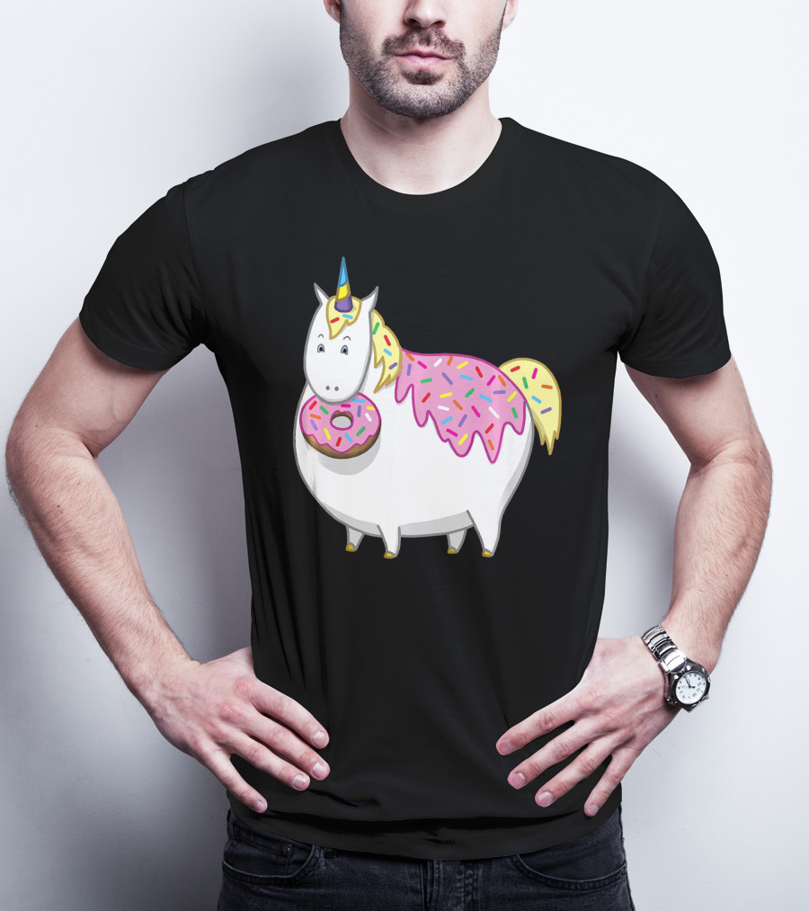 Funny Cute Fat Unicorn With Pink Frosting Doughnut T-Shirt