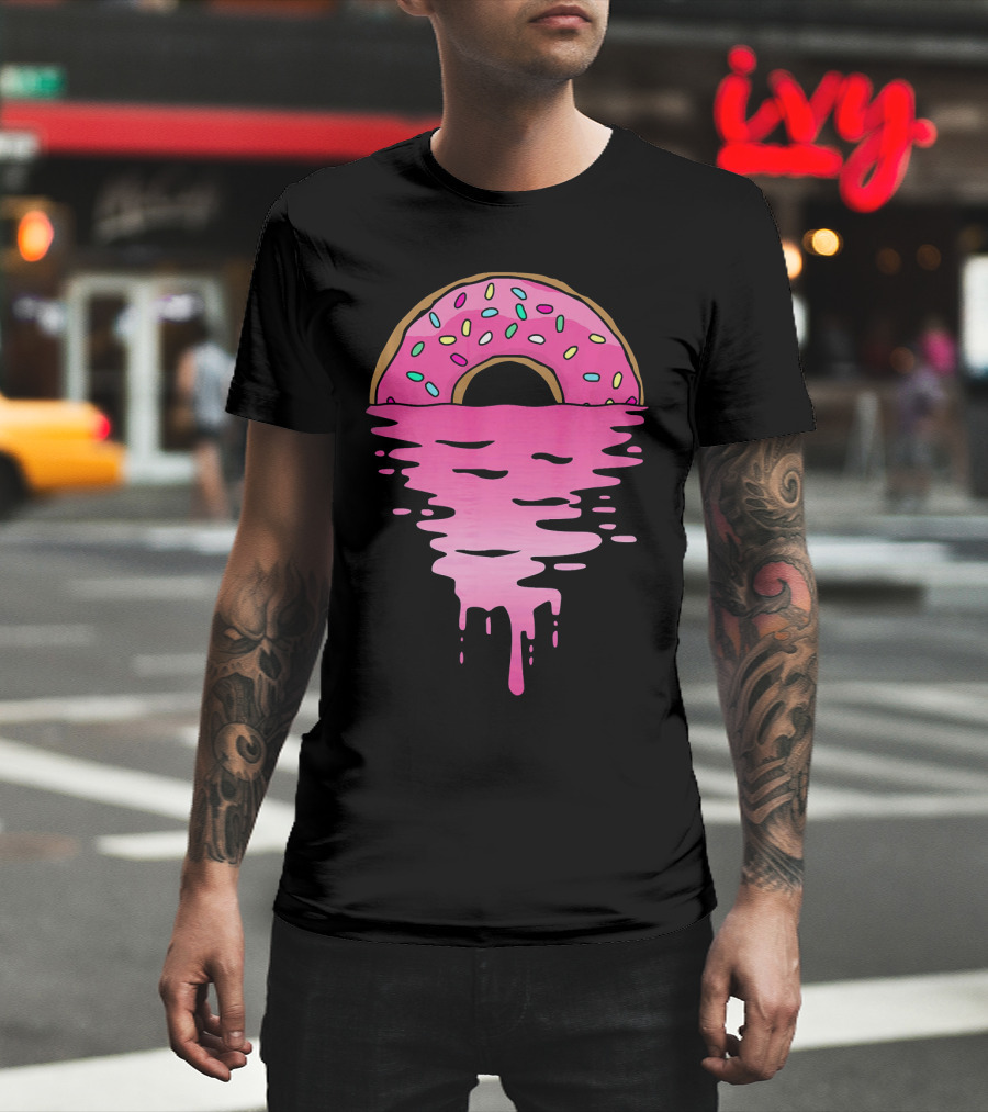Pink Glazed Donut Melting Into Sunset Horizon T-Shirt