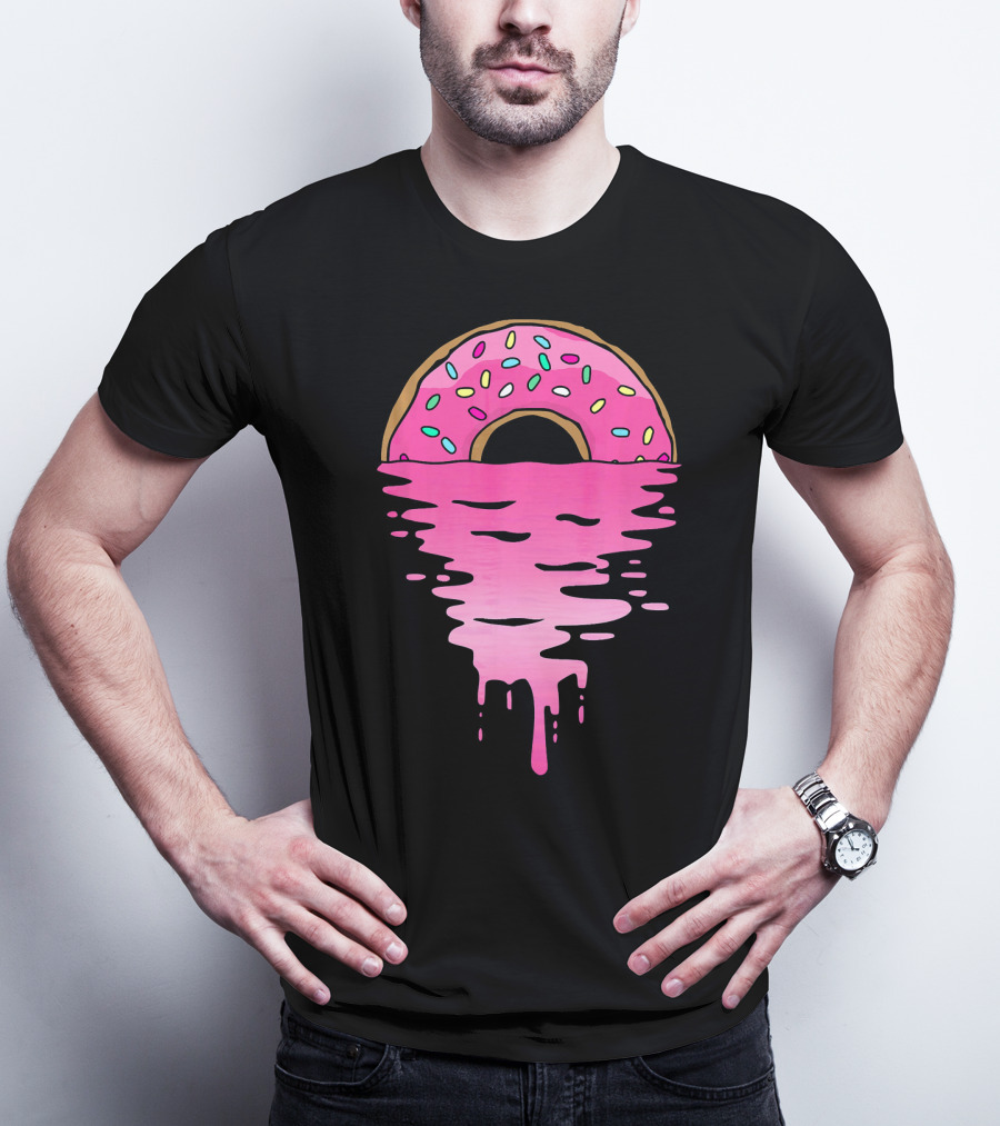 Pink Glazed Donut Melting Into Sunset Horizon T-Shirt
