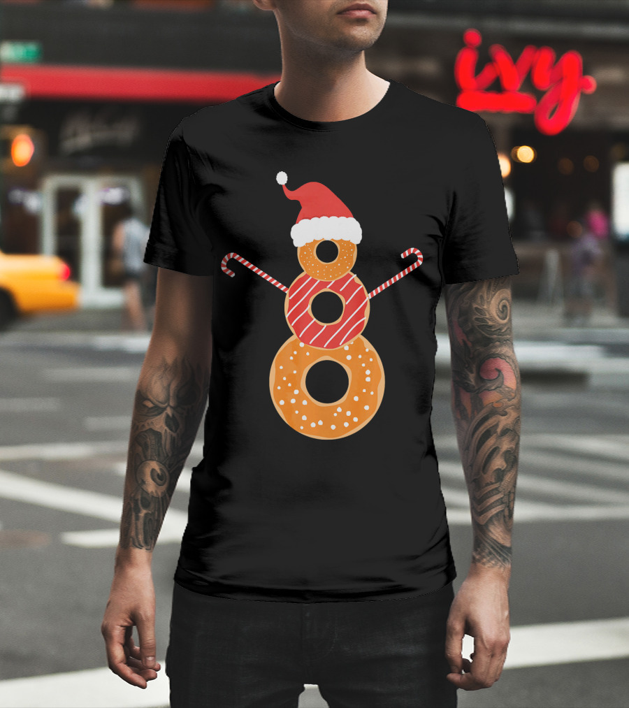 Santa Hat Donuts Doughnut Snowman With Candy Cane Arms T-Shirt
