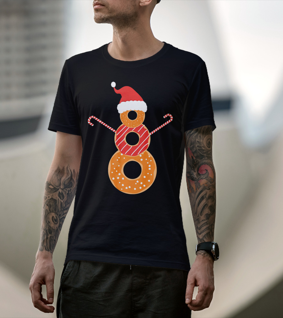 Santa Hat Donuts Doughnut Snowman With Candy Cane Arms T-Shirt
