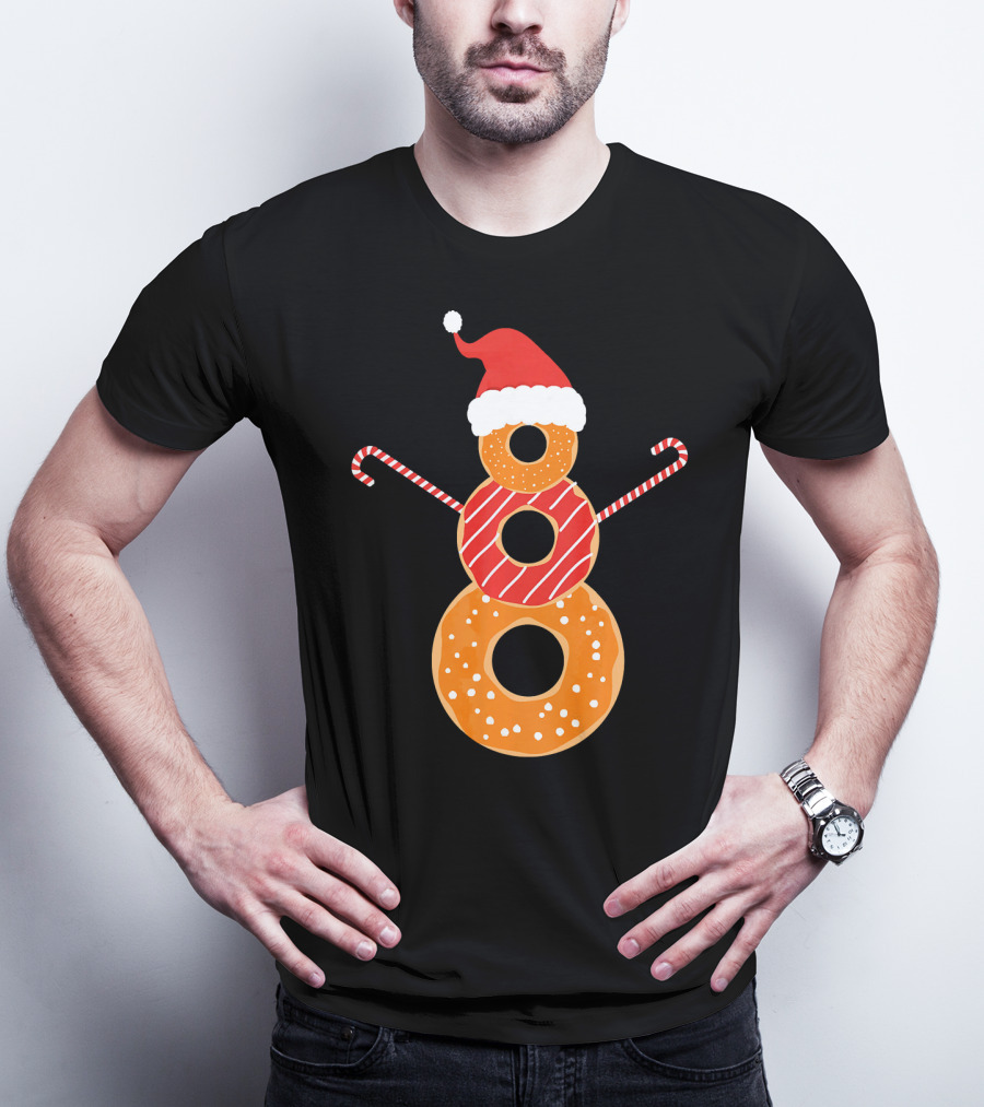 Santa Hat Donuts Doughnut Snowman With Candy Cane Arms T-Shirt