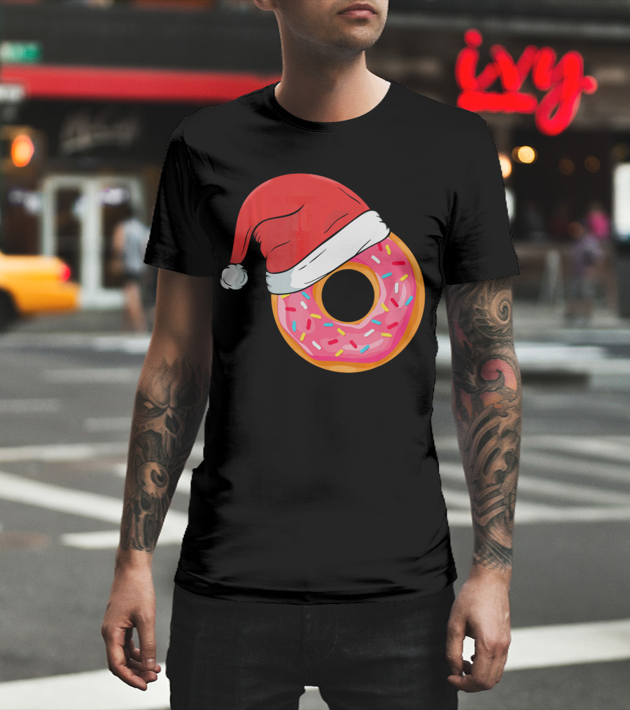 Santa Hat On Sprinkled Donut Holiday Humor T-Shirt