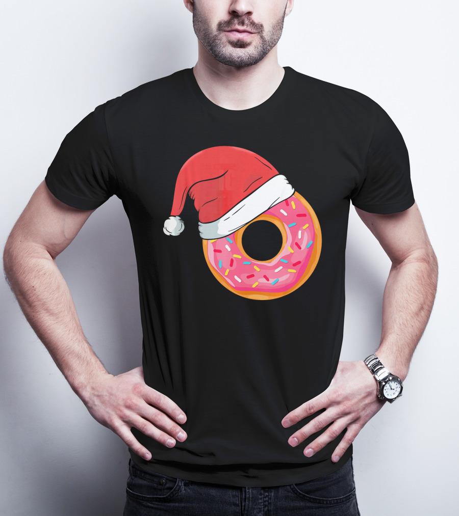 Santa Hat On Sprinkled Donut Holiday Humor T-Shirt