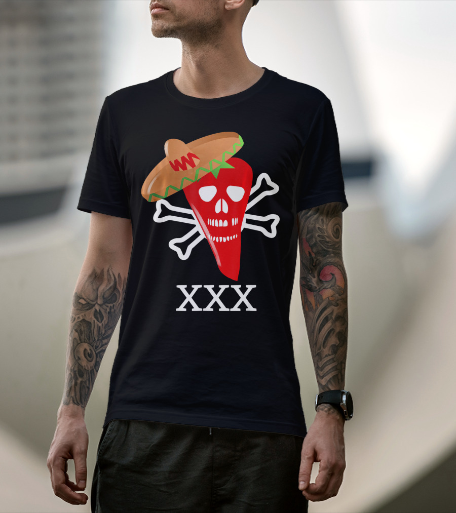Funny Red Hot Chili Pepper Sombrero Skull Crossbones XXX T-Shirt
