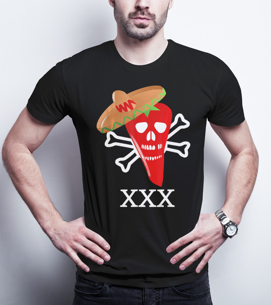 Funny Red Hot Chili Pepper Sombrero Skull Crossbones XXX T-Shirt