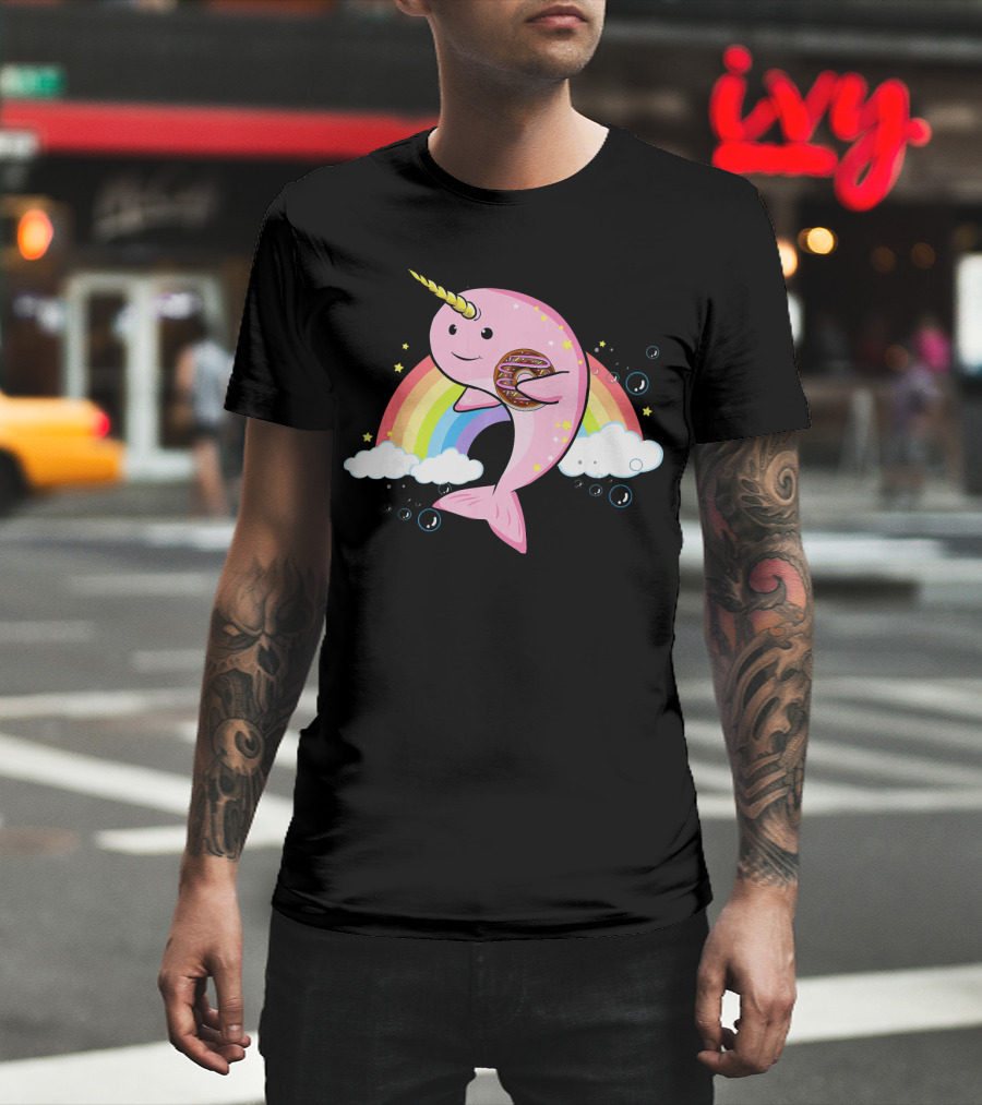 Funny Narwhal Unicorn Of The Sea With Donut On Rainbow Cloud T-Shirt
