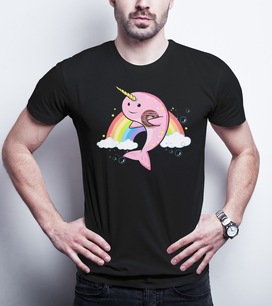Funny Narwhal Unicorn Of The Sea With Donut On Rainbow Cloud T-Shirt