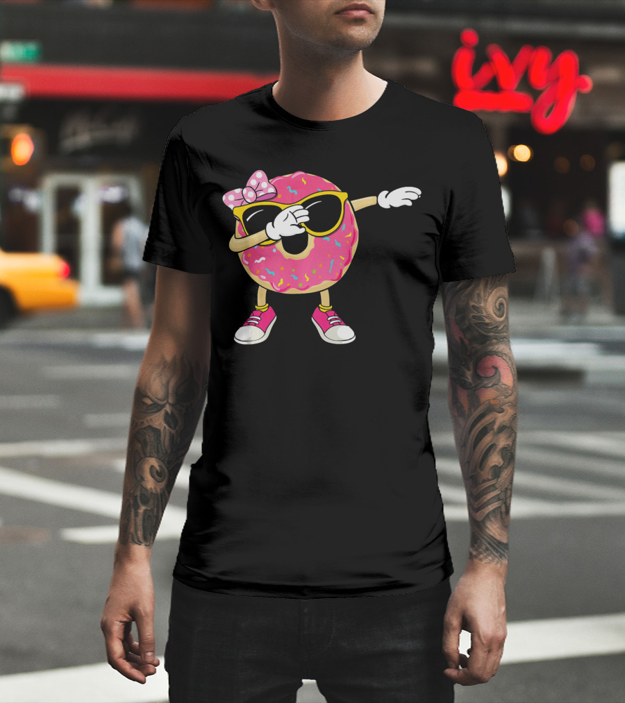 Dabbing Donut With Pink Frosting Sunglasses And Bow T-Shirt