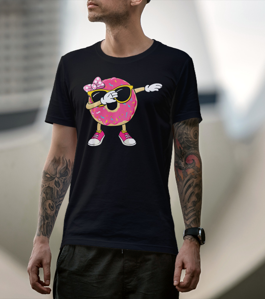 Dabbing Donut With Pink Frosting Sunglasses And Bow T-Shirt