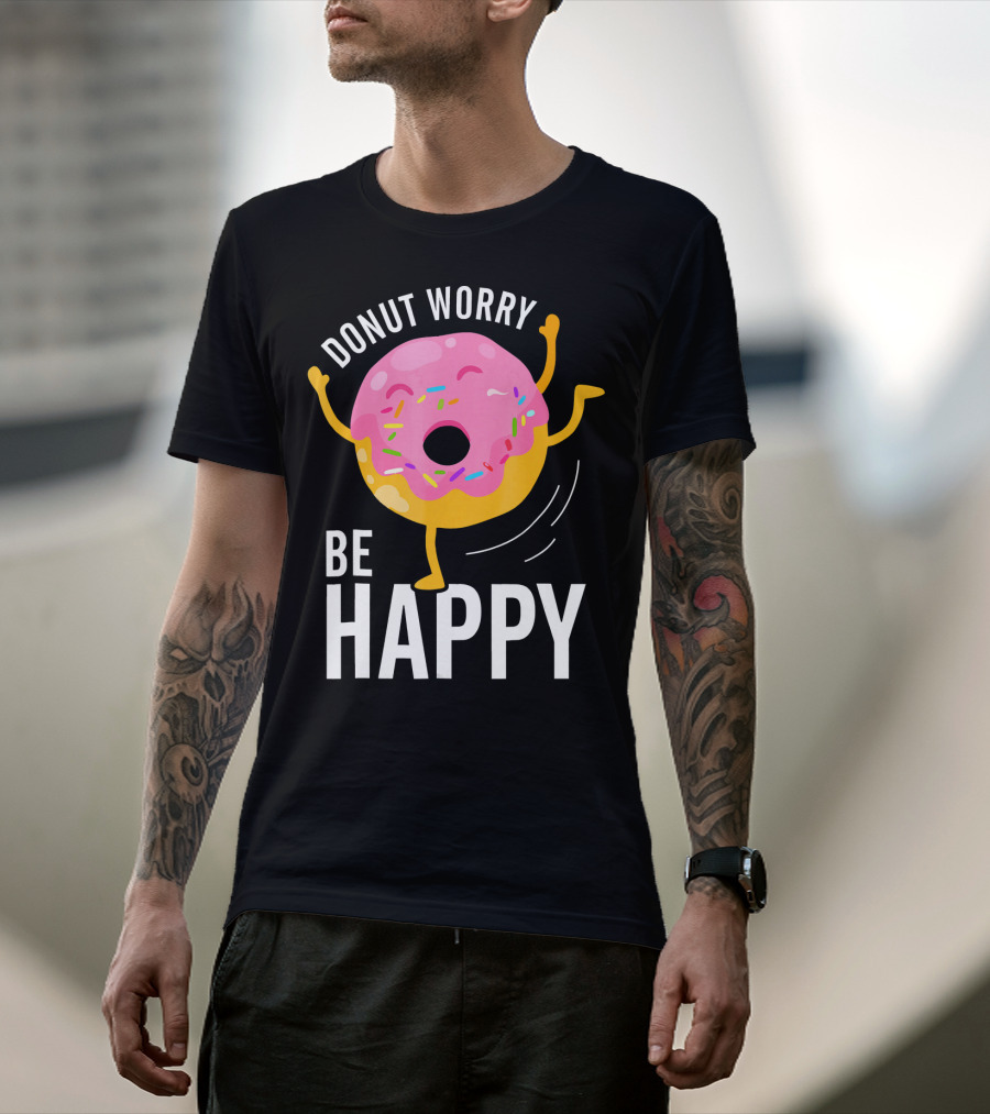 Donut Worry Be Happy Pink Sprinkled Dancing Donut T-Shirt