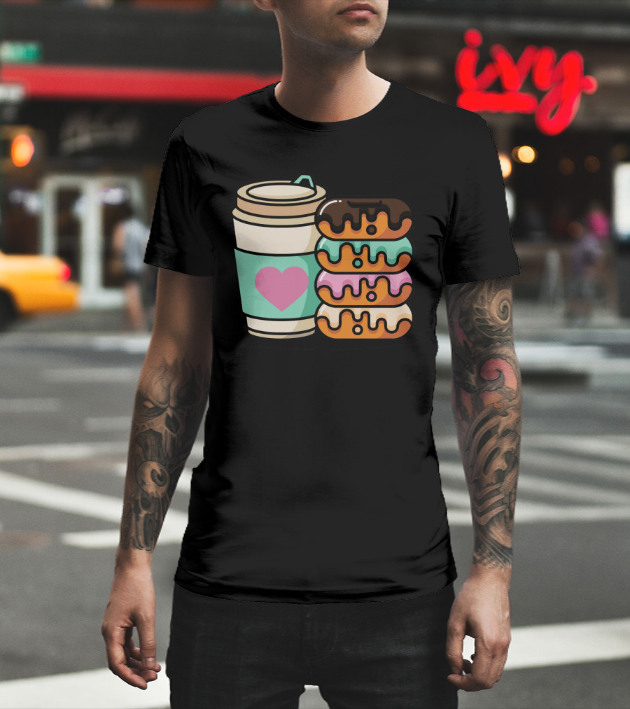 Coffee Donut Lover Heart Stack Doughnut T-Shirt