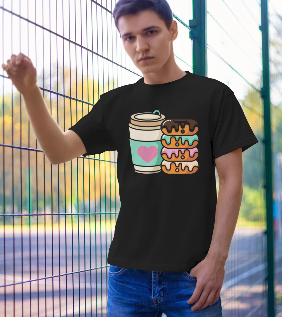Coffee Donut Lover Heart Stack Doughnut T-Shirt