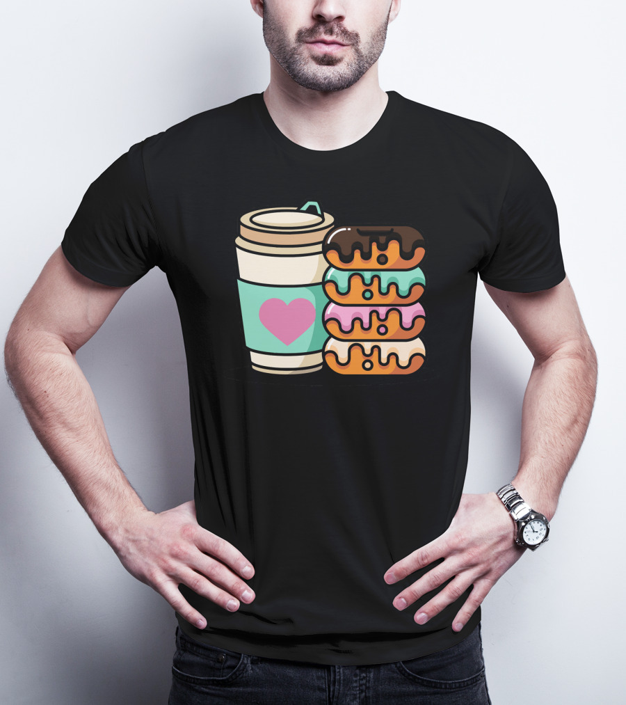 Coffee Donut Lover Heart Stack Doughnut T-Shirt