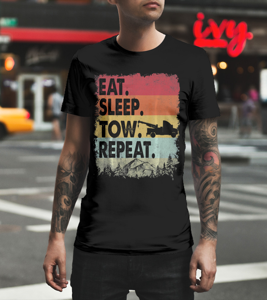 Eat Sleep Tow Repeat Funny Tow Truck Vintage Sunset Mountains Forest T-Shirt