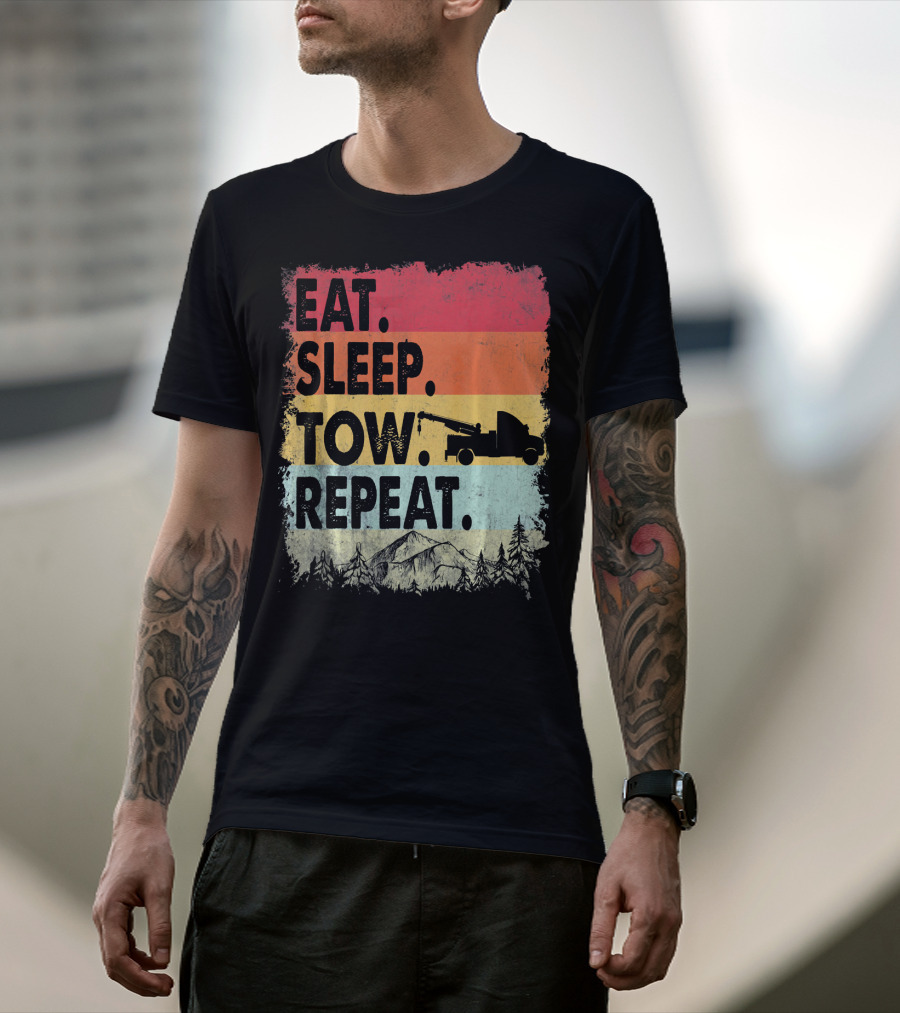 Eat Sleep Tow Repeat Funny Tow Truck Vintage Sunset Mountains Forest T-Shirt