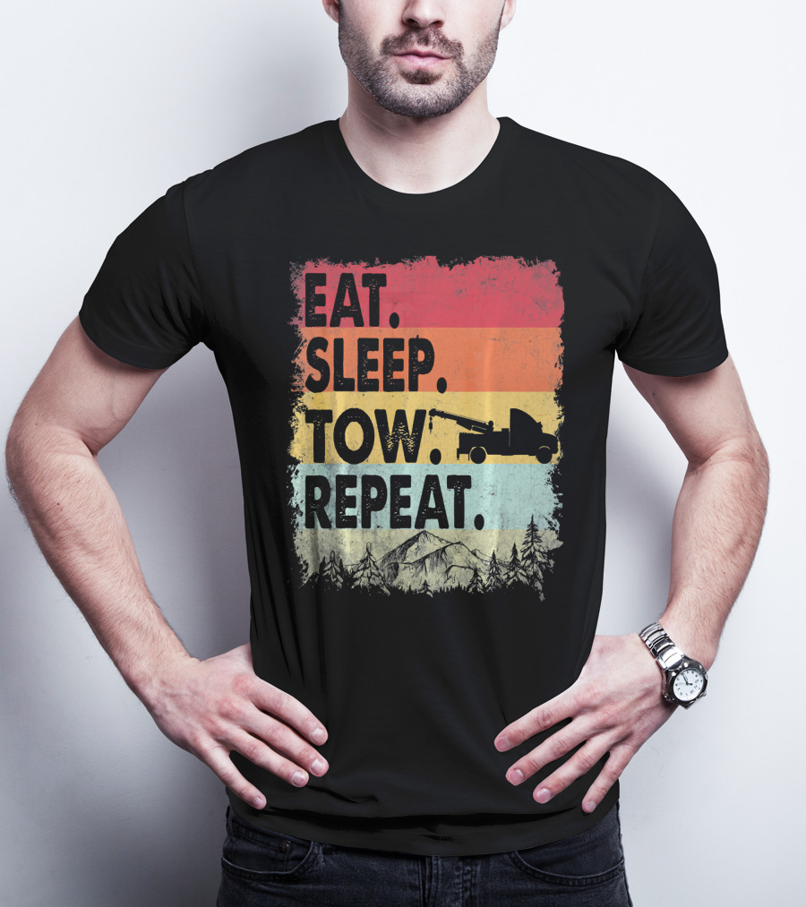 Eat Sleep Tow Repeat Funny Tow Truck Vintage Sunset Mountains Forest T-Shirt
