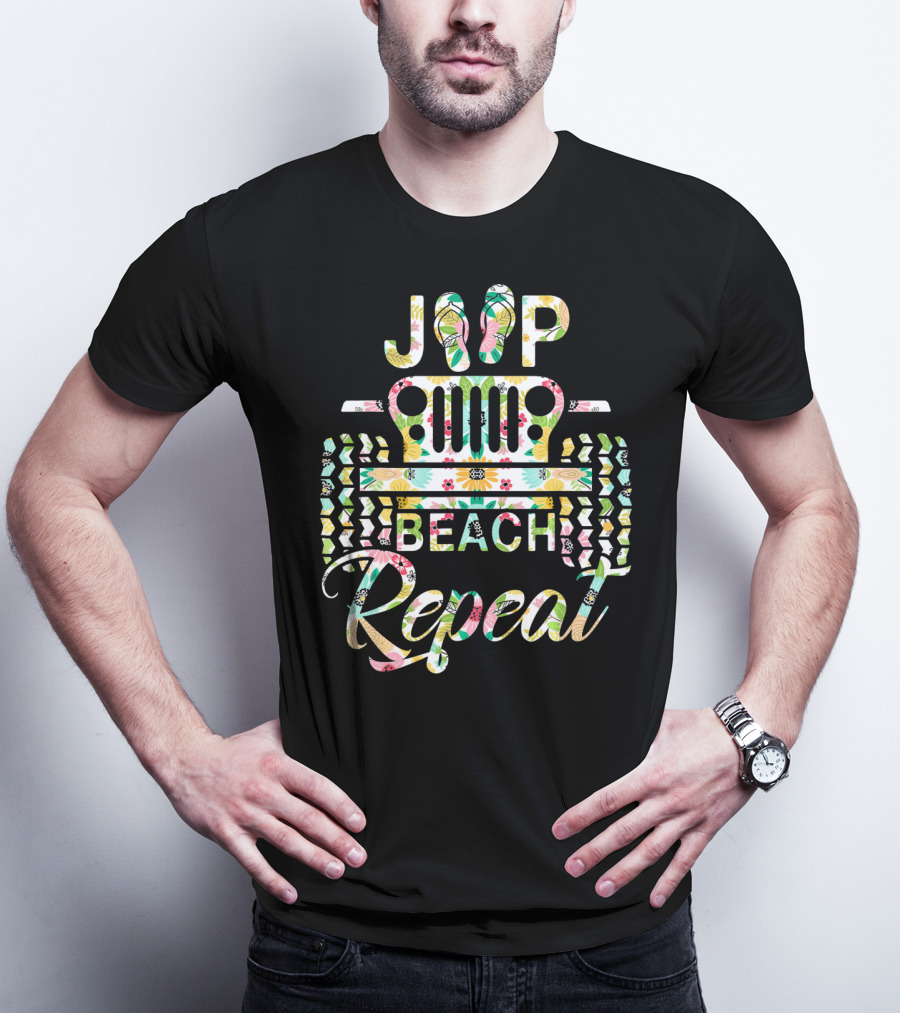 Jeep Beach Repeat Summer Flip Flop Flower T-Shirt