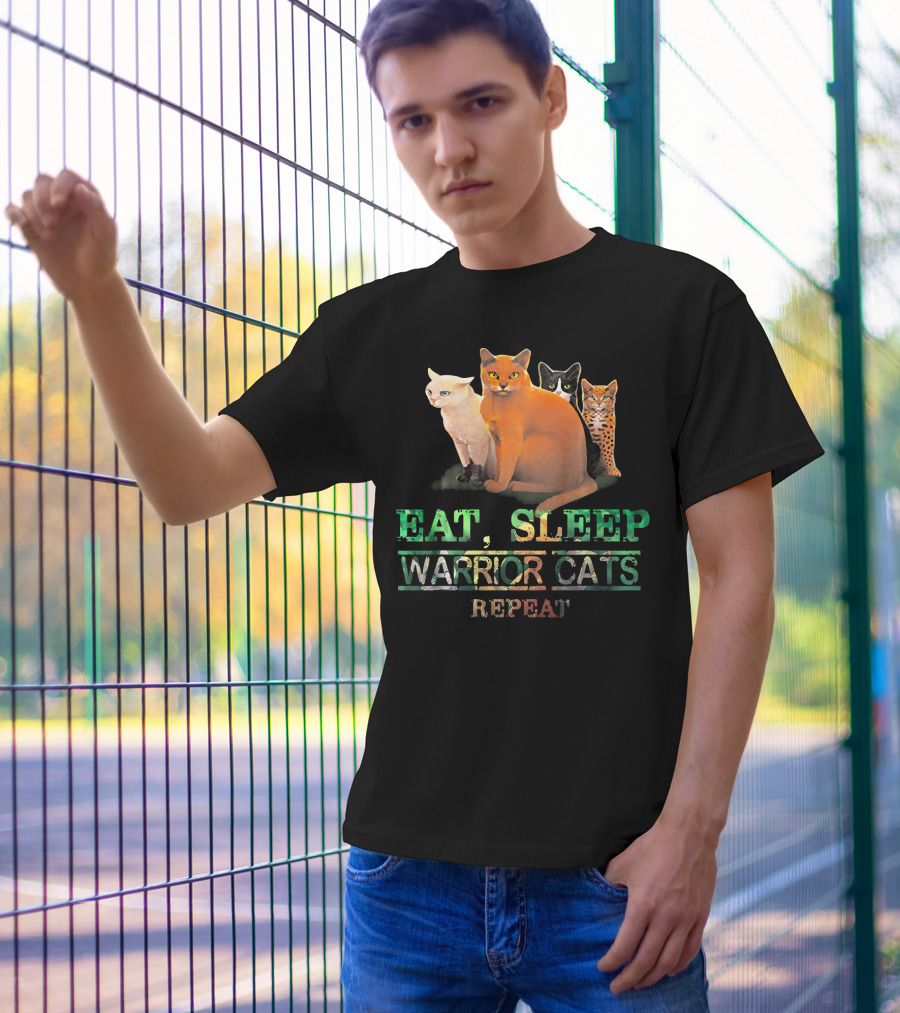 Eat Sleep Warrior Cats Repeat Funny Cat Illustration With Four Colorful Feline Characters T-Shirt