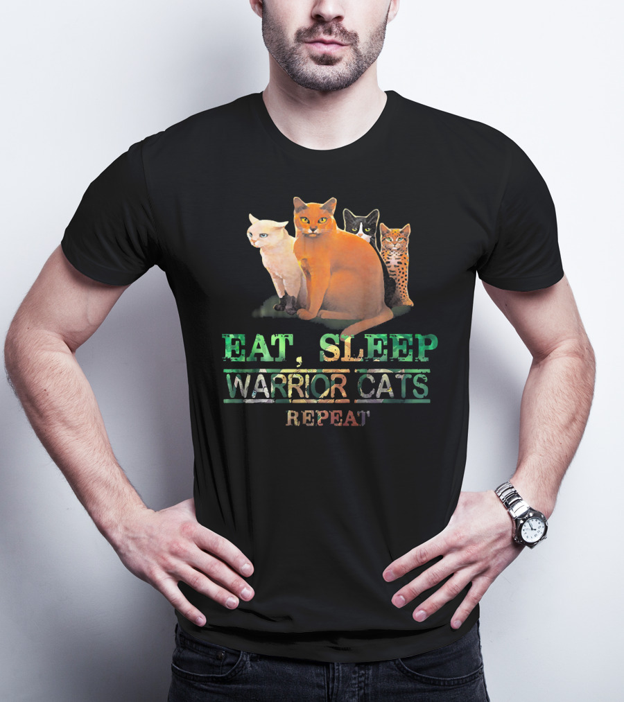 Eat Sleep Warrior Cats Repeat Funny Cat Illustration With Four Colorful Feline Characters T-Shirt