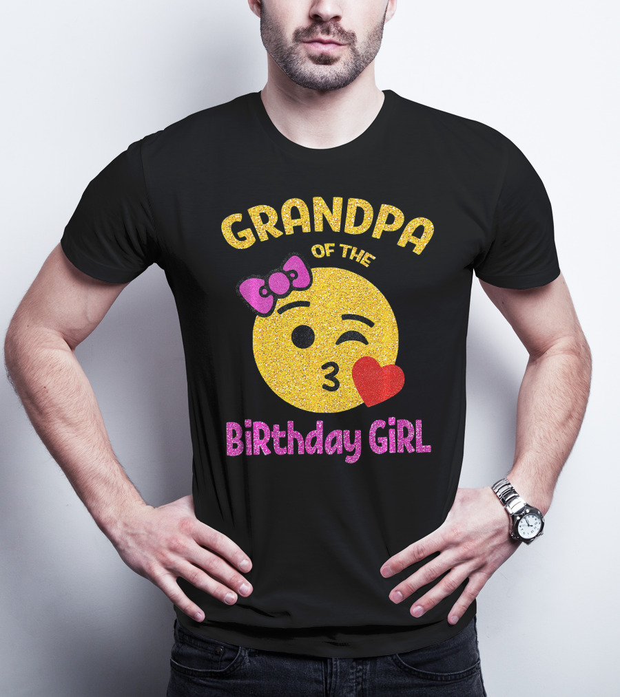 Grandpa Of The Birthday Girl Glitter Emoji Pink Bow Heart Kiss T-Shirt