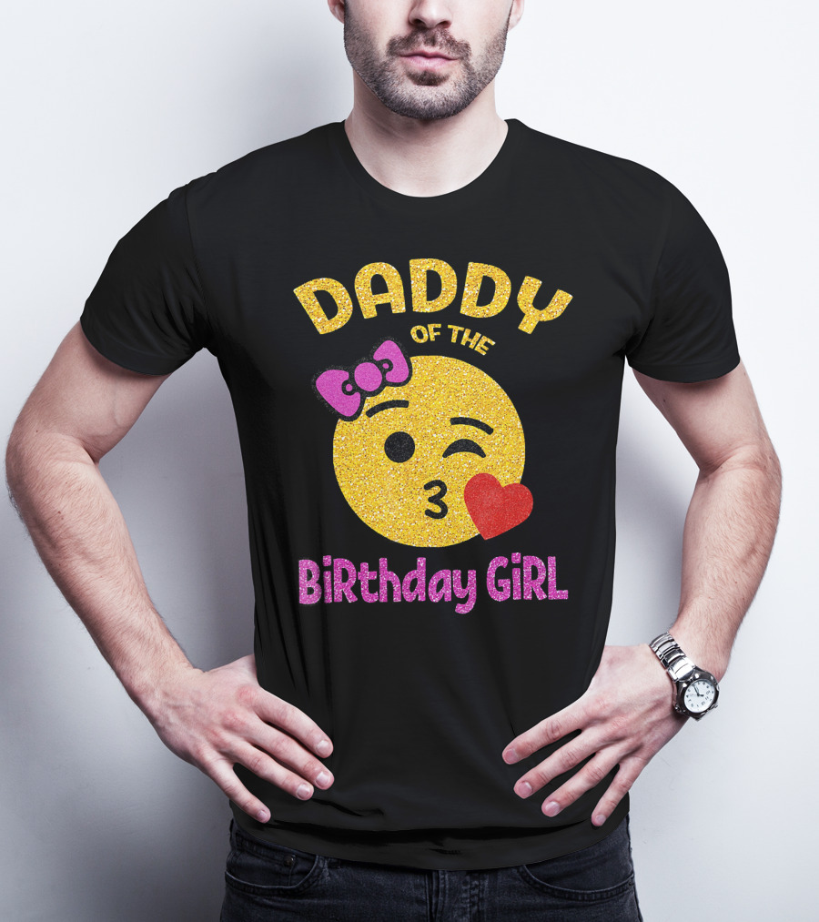 Daddy Of The Birthday Girl Emoji Pink Glitter Heart Bow T-Shirt