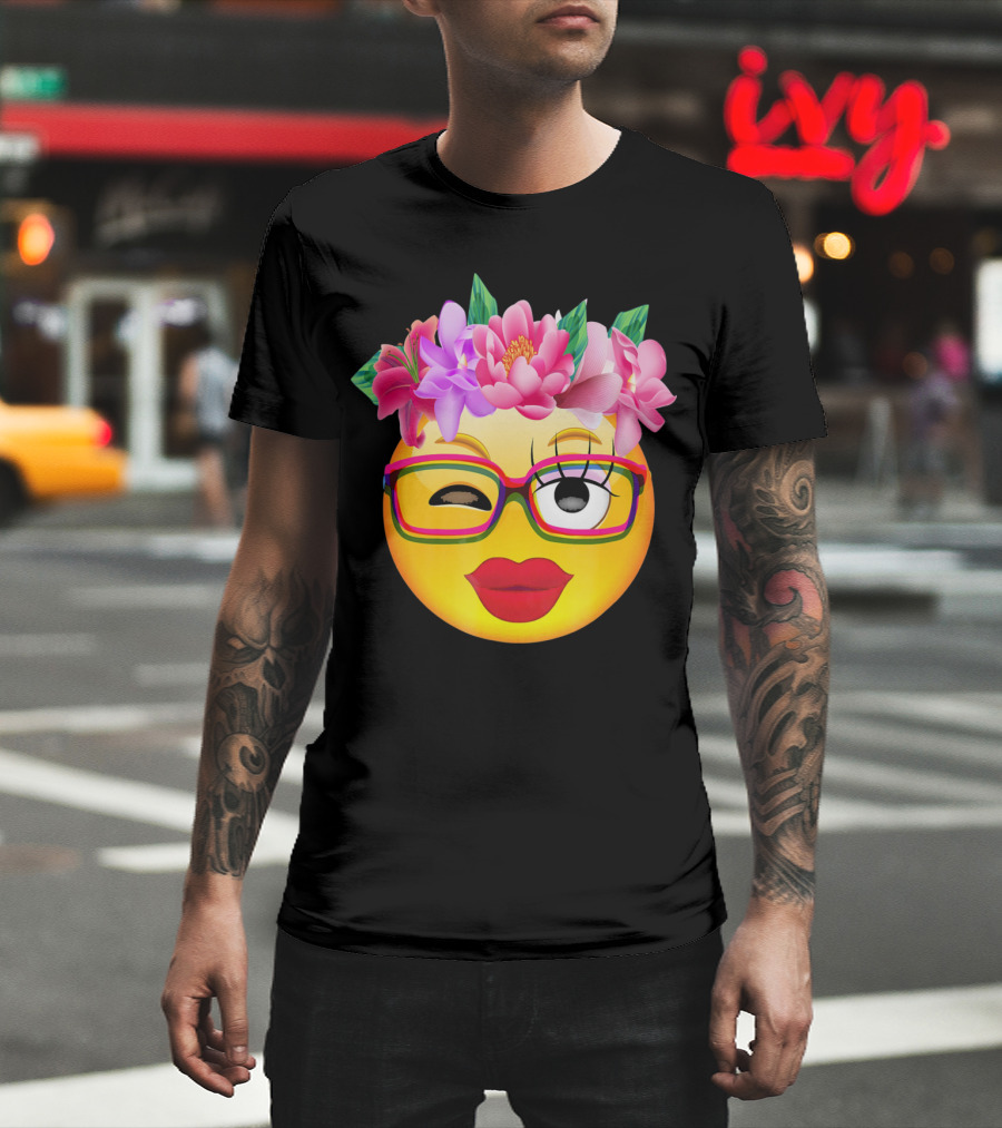 Emoji Face Smiley Emoticon Nerd Winking Glasses And Flower Crown T-Shirt