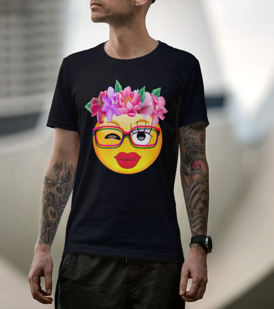 Emoji Face Smiley Emoticon Nerd Winking Glasses And Flower Crown T-Shirt