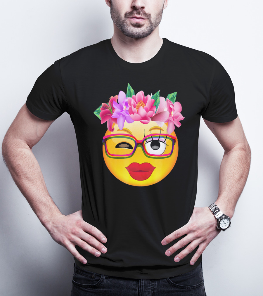 Emoji Face Smiley Emoticon Nerd Winking Glasses And Flower Crown T-Shirt
