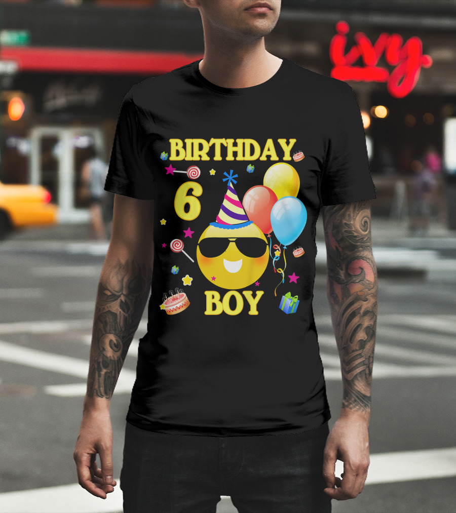Birthday 6 Boy Emoji With Party Hat And Balloons T-Shirt