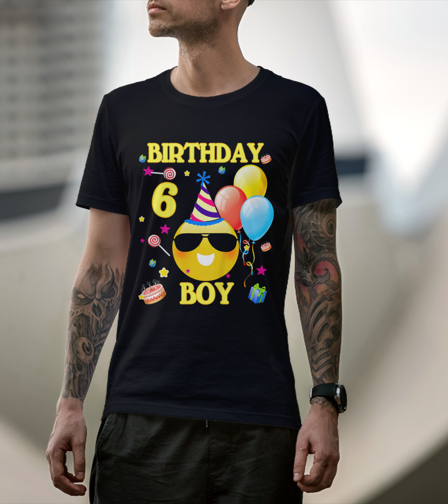 Birthday 6 Boy Emoji With Party Hat And Balloons T-Shirt