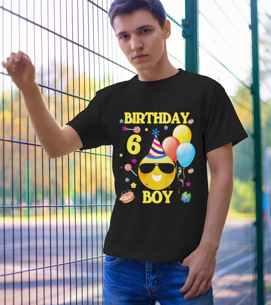 Birthday 6 Boy Emoji With Party Hat And Balloons T-Shirt