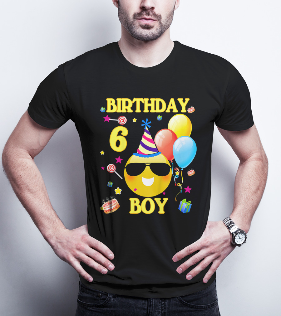 Birthday 6 Boy Emoji With Party Hat And Balloons T-Shirt