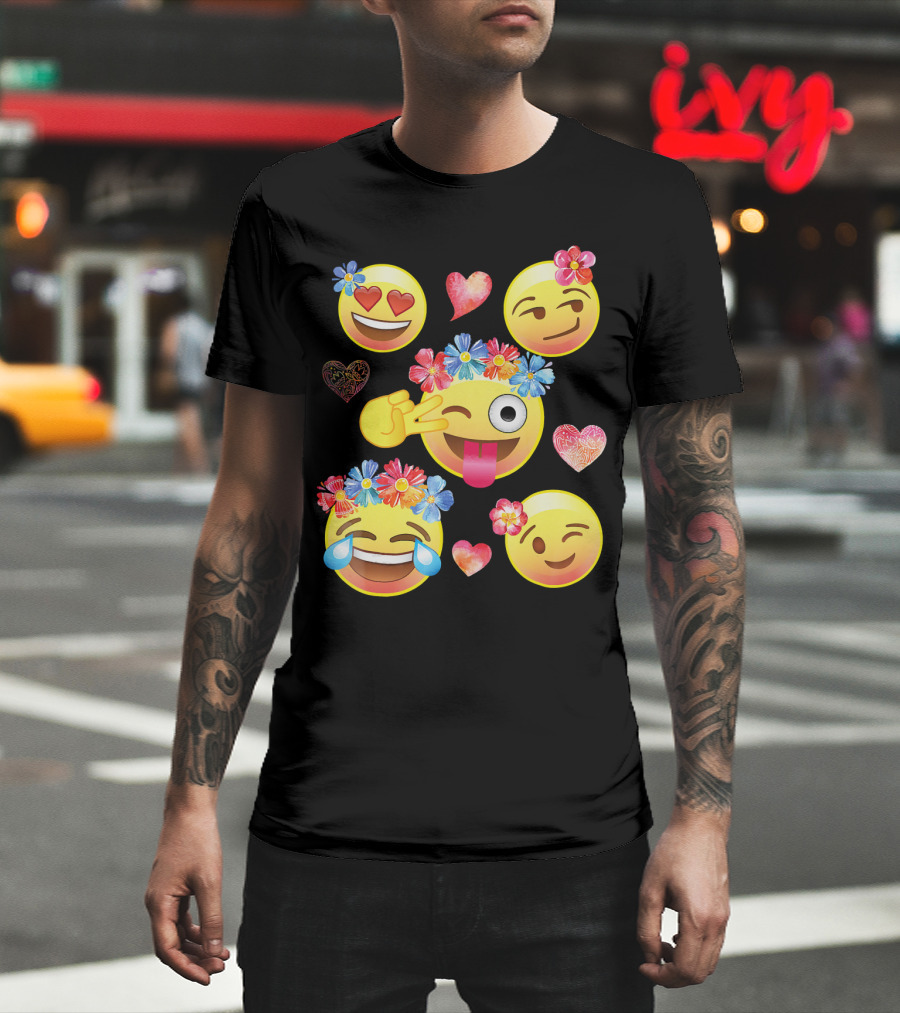 Cute Emoji Flower Crowns Heart Eyes Wink Tongue Out Laughing Crying Hearts T-Shirt
