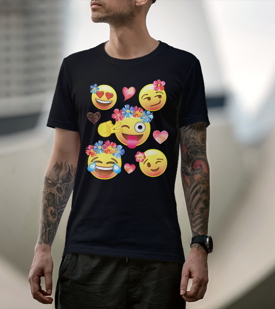 Cute Emoji Flower Crowns Heart Eyes Wink Tongue Out Laughing Crying Hearts T-Shirt