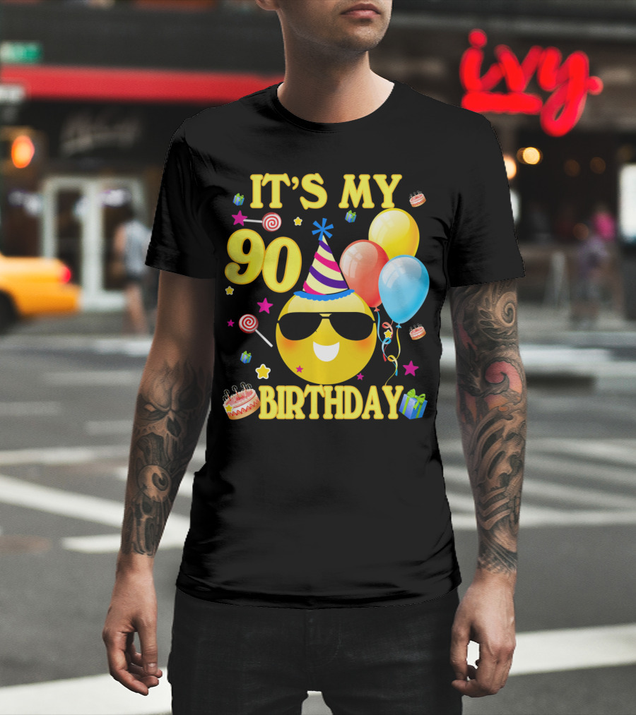 It's My 90 Birthday Cute Emoji Cake Balloons Party Hat T-Shirt